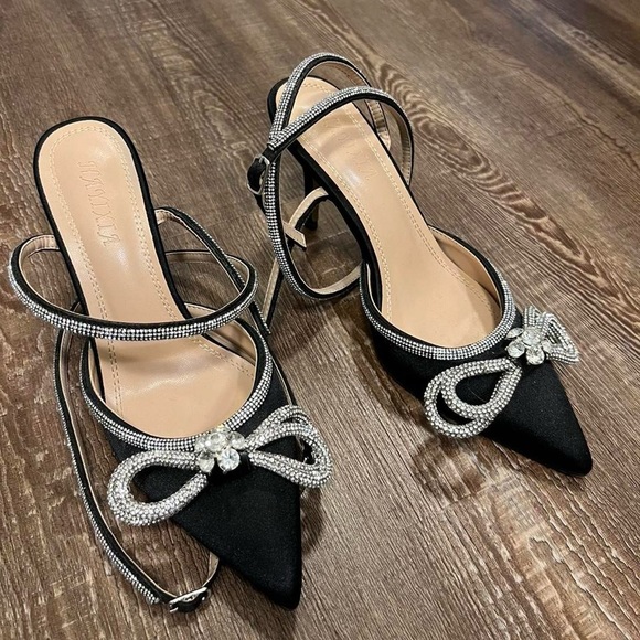 Shoes | Womens Black Rhinestone Bows And Ties 3 12 Inch Heels | Poshmark